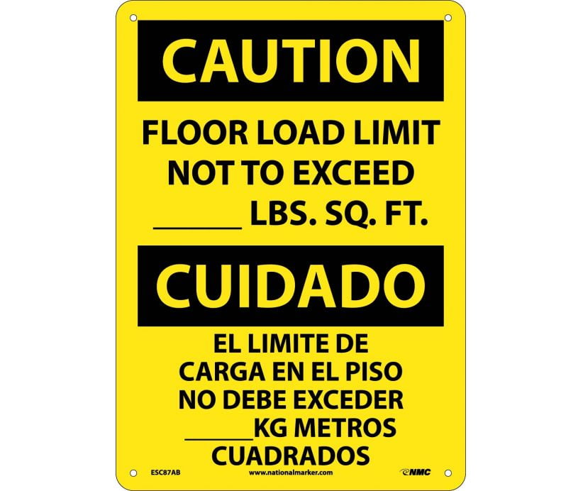 NMC Signs Esc87Ab, Caution Floor Load Limit Sign - Bilingual, 14 X 10 ...
