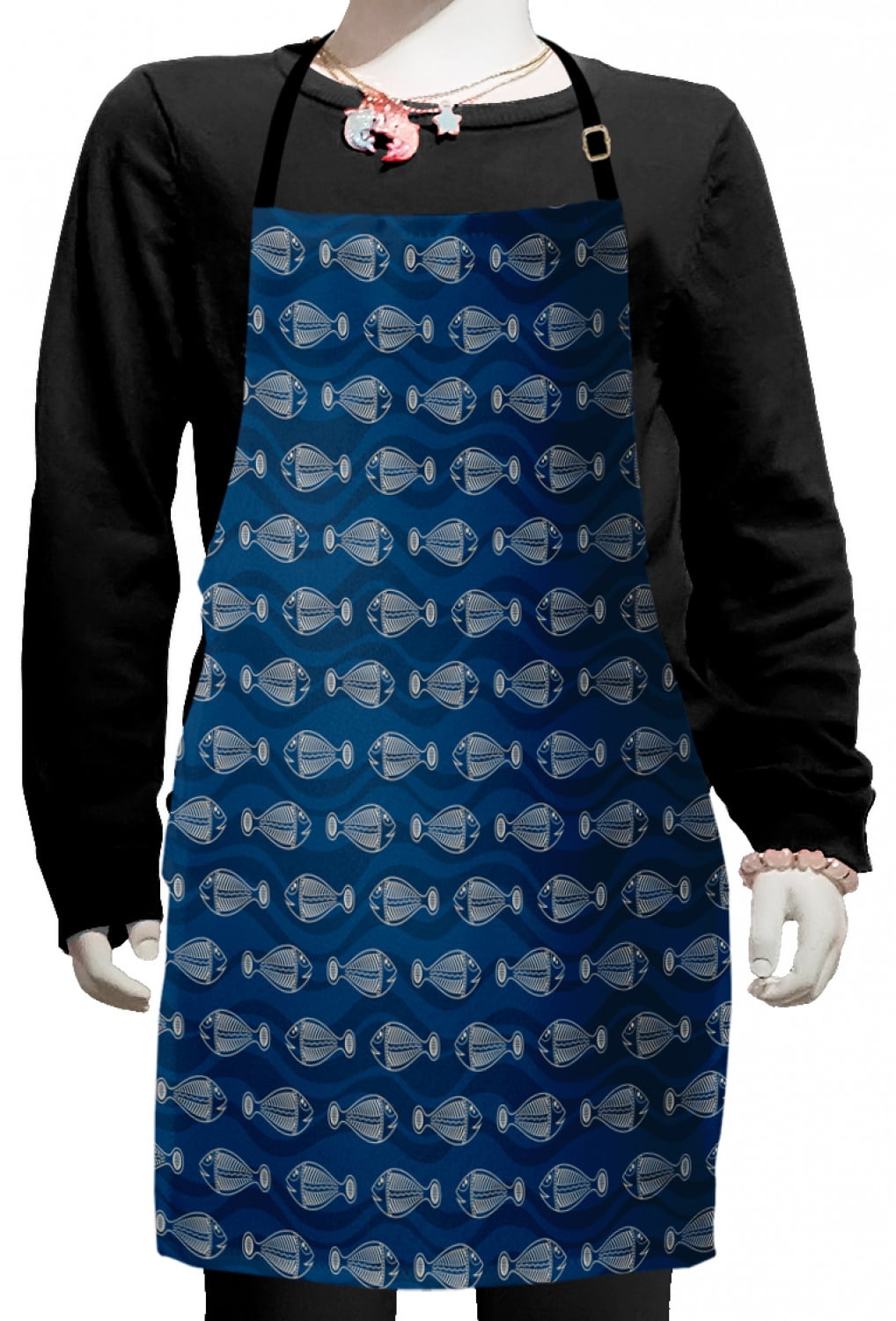 Nautical Kids Apron, Marine Theme Fish Motifs with Wavy Sea Pattern ...