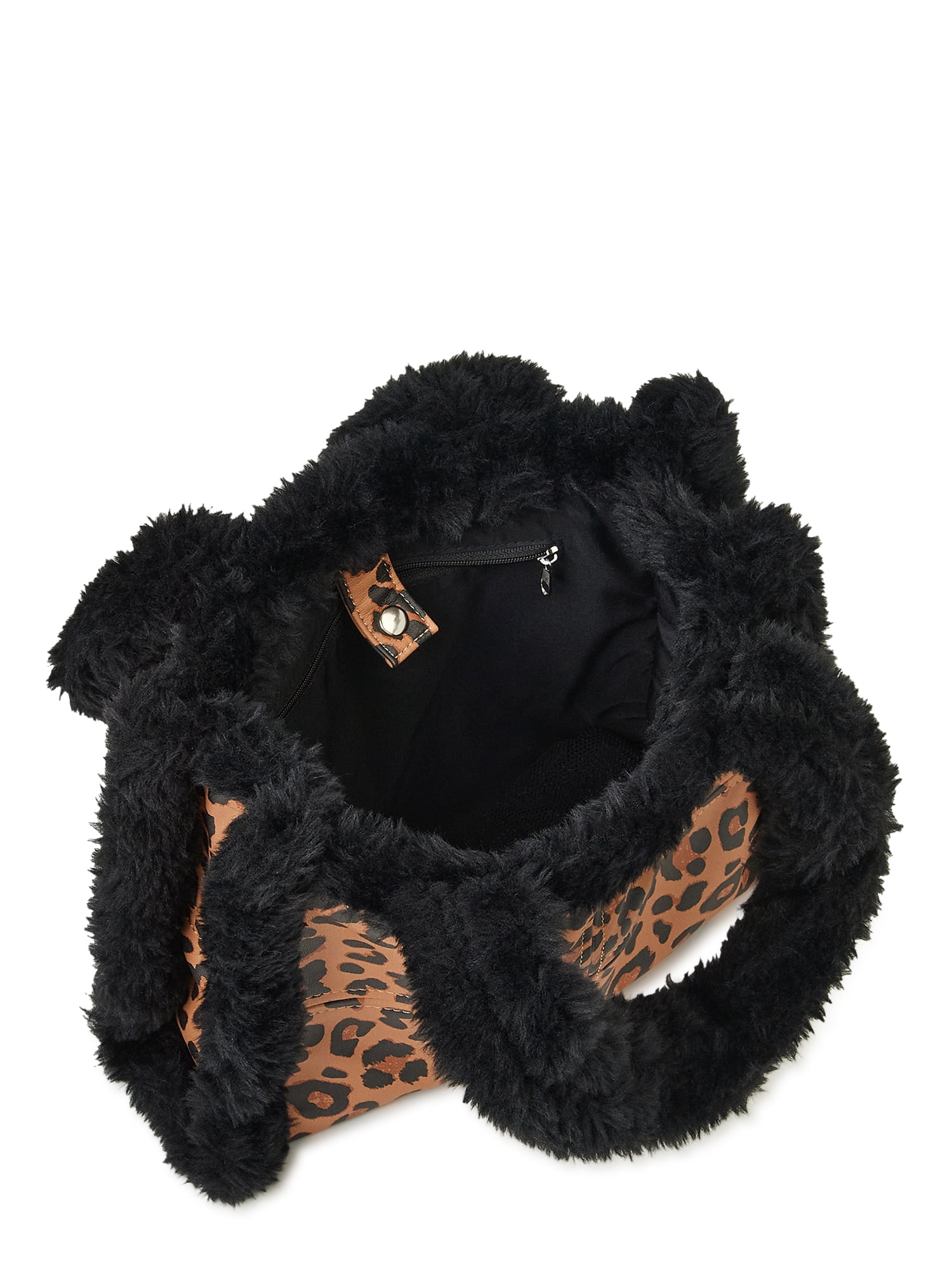 Buy No Boundaries Women's Small Leopard Print Faux Sherpa Tote Handbag ...