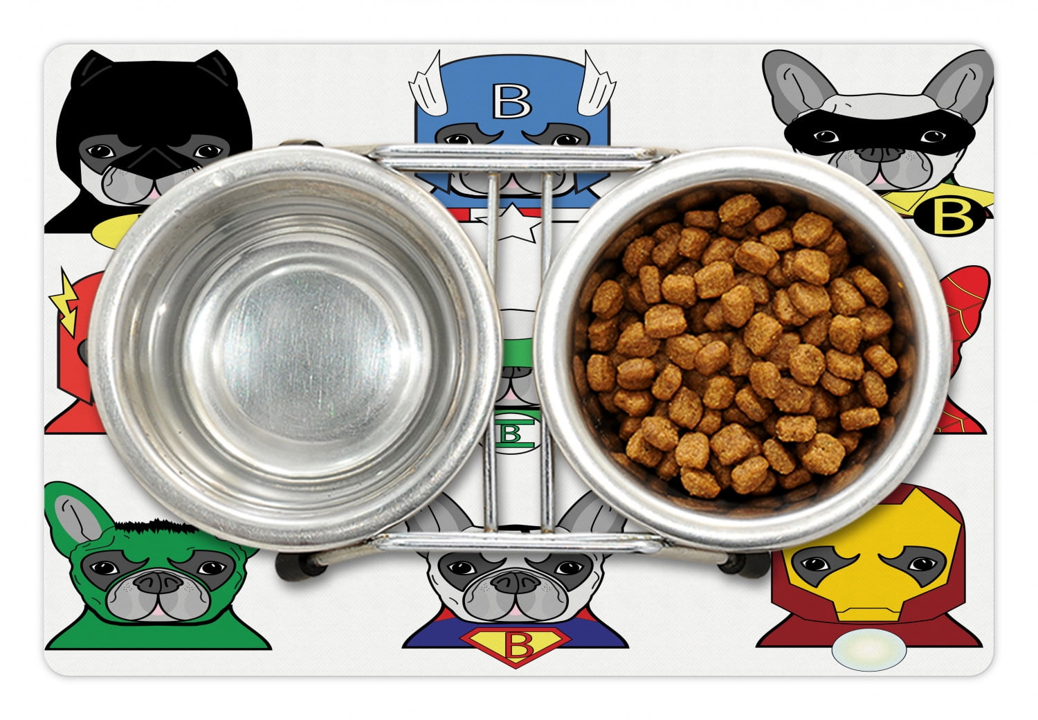 Superhero Pet Mat for Food and Water, Bulldog Superheroes Fun Cartoon ...