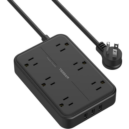 Flat Plug Power Bar with Surge Protector, TESSAN 5 Feet Extension Cord ...