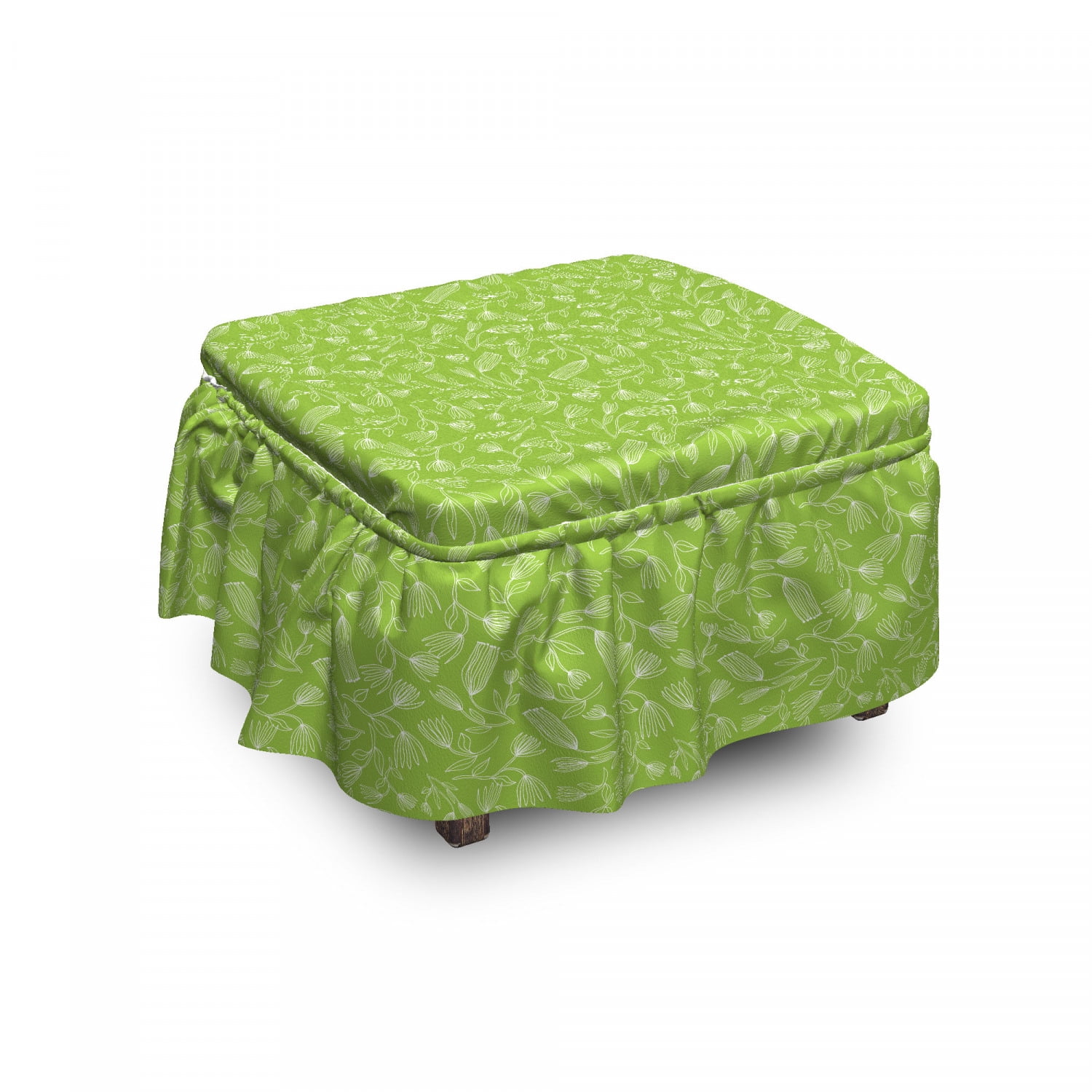 Floral Ottoman Cover, Simplistic Outline Flowers, 2 Piece Slipcover Set ...