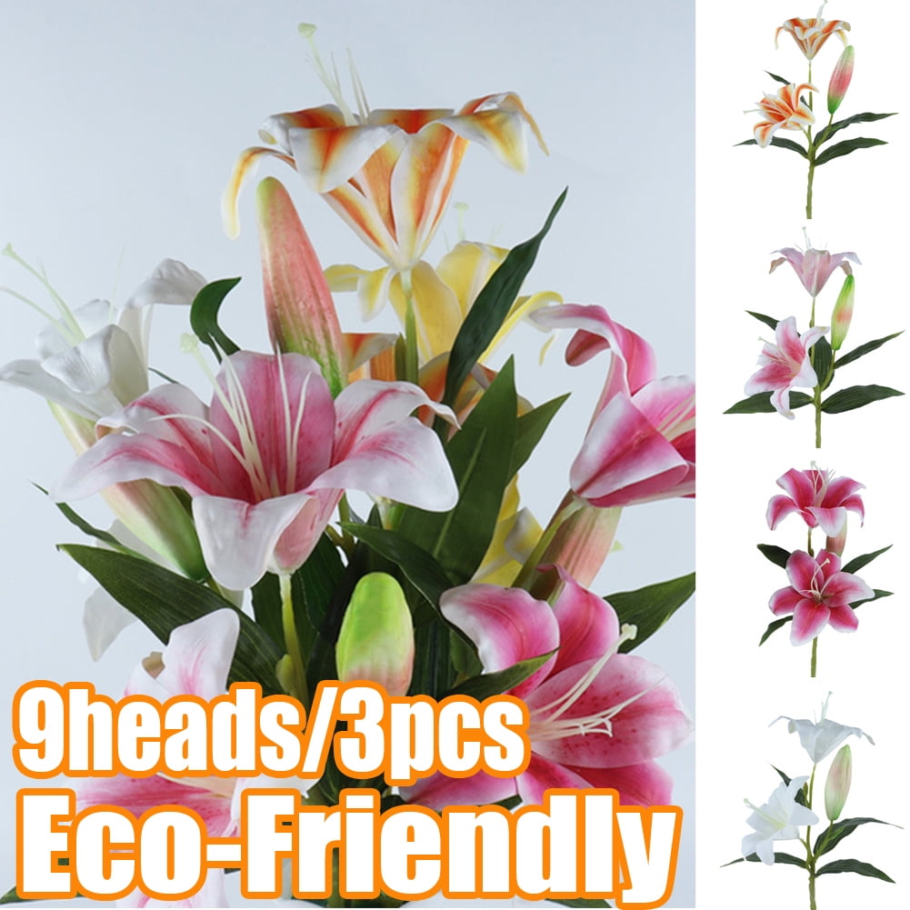 Cheers.US 9Heads/3Pcs Artificial Lily Fake Lily Real Touch Artificial ...