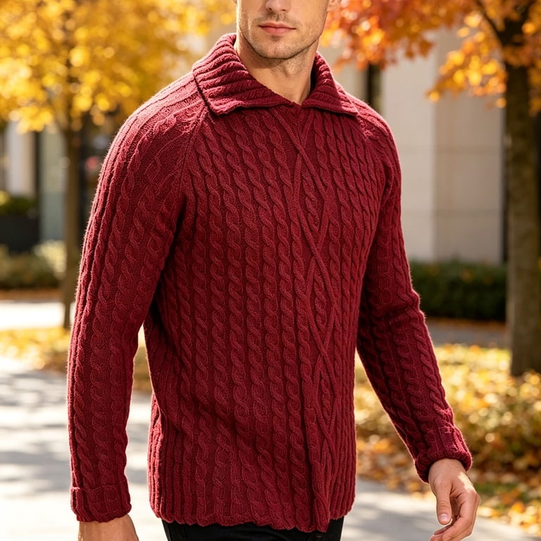 ShomPort Mens Cable Knit Sweaters Long Sleeve Lapel Slim Sweater Layer ...