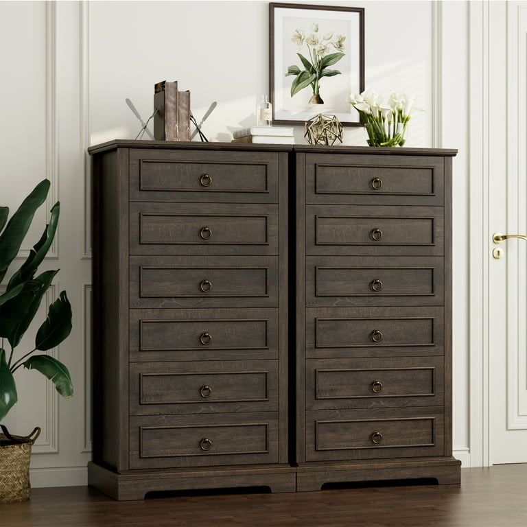 Homfa Vertical Tall Dresser Deep 6 Drawer Wooden Storage Stand for Bedroom Dark Brown 52 H Walmart