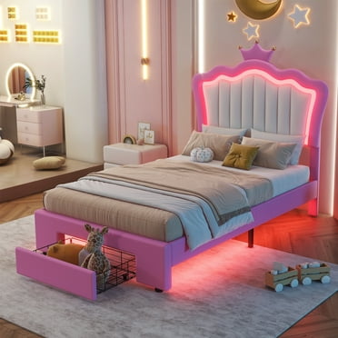Homfa Queen Size LED Bed Frame with Drawer, Velvet Upholstered Platform ...