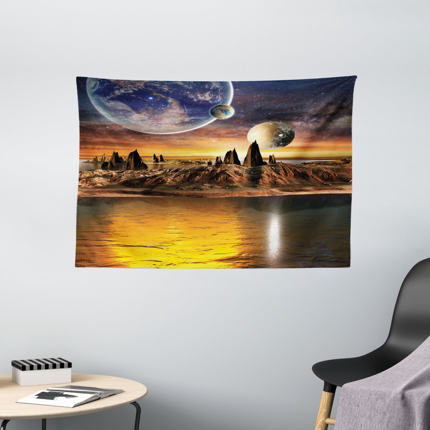 Fantasy Tapestry, Alien Planet Earth Moon and Mountain Surreal Sci Fi ...