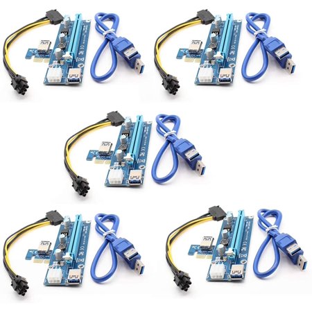 5 Pack PCIe 6-Pin 16x to 1x Powered Riser Adapter Card w/ 24In USB 3.0 ...