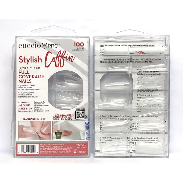 Cuccio Pro Stylish Coffin Full Coverage Nail Tips - Ultra Clear, 100 ...