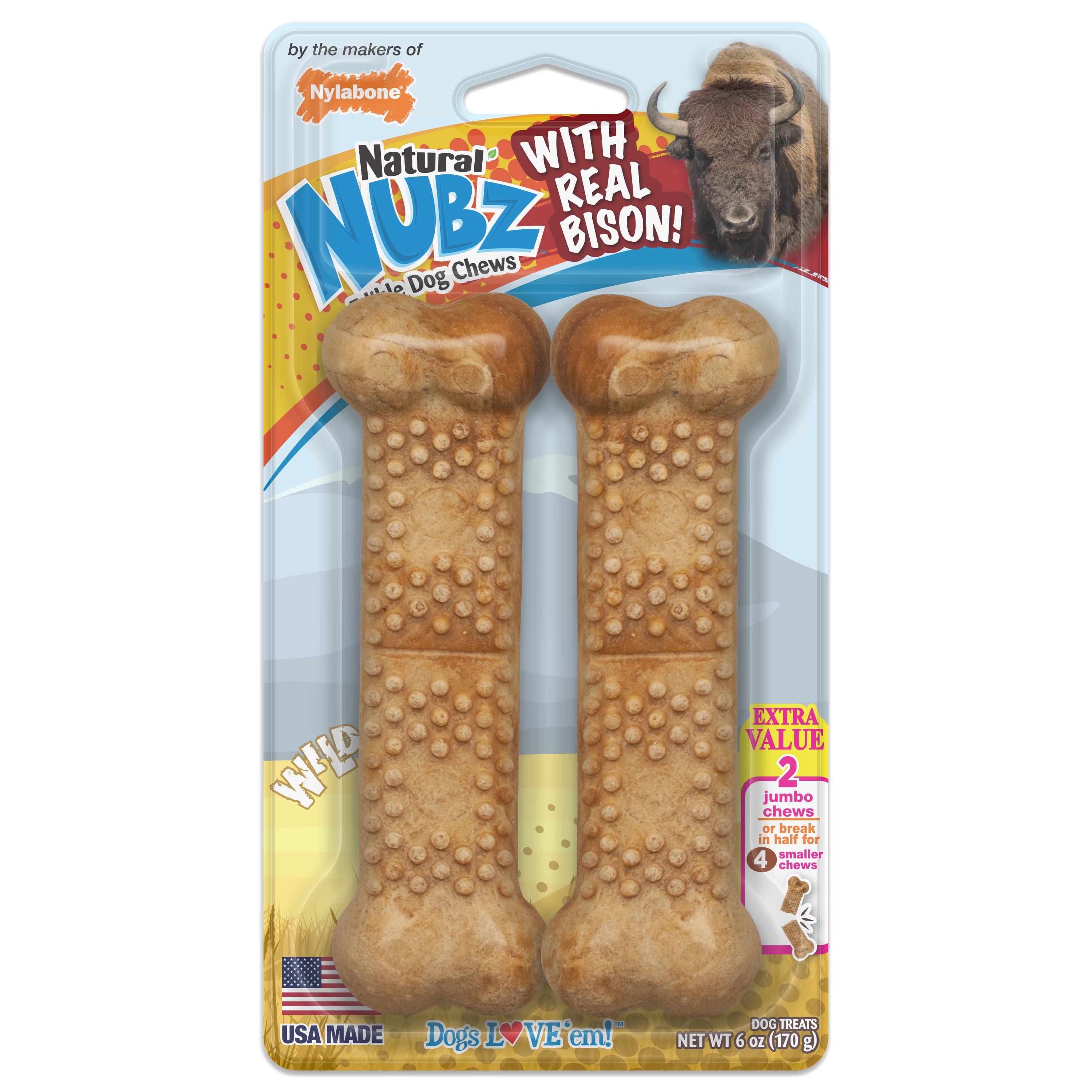 Nylabone Nubz WILD Natural Long Lasting Edible Bison Flavor Dog Chews 2 ...