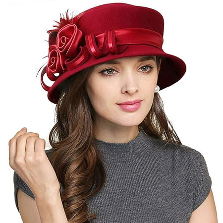 Women's Wool Felt Cloche Bucket Hat Wide Brim Winter Church Party ...