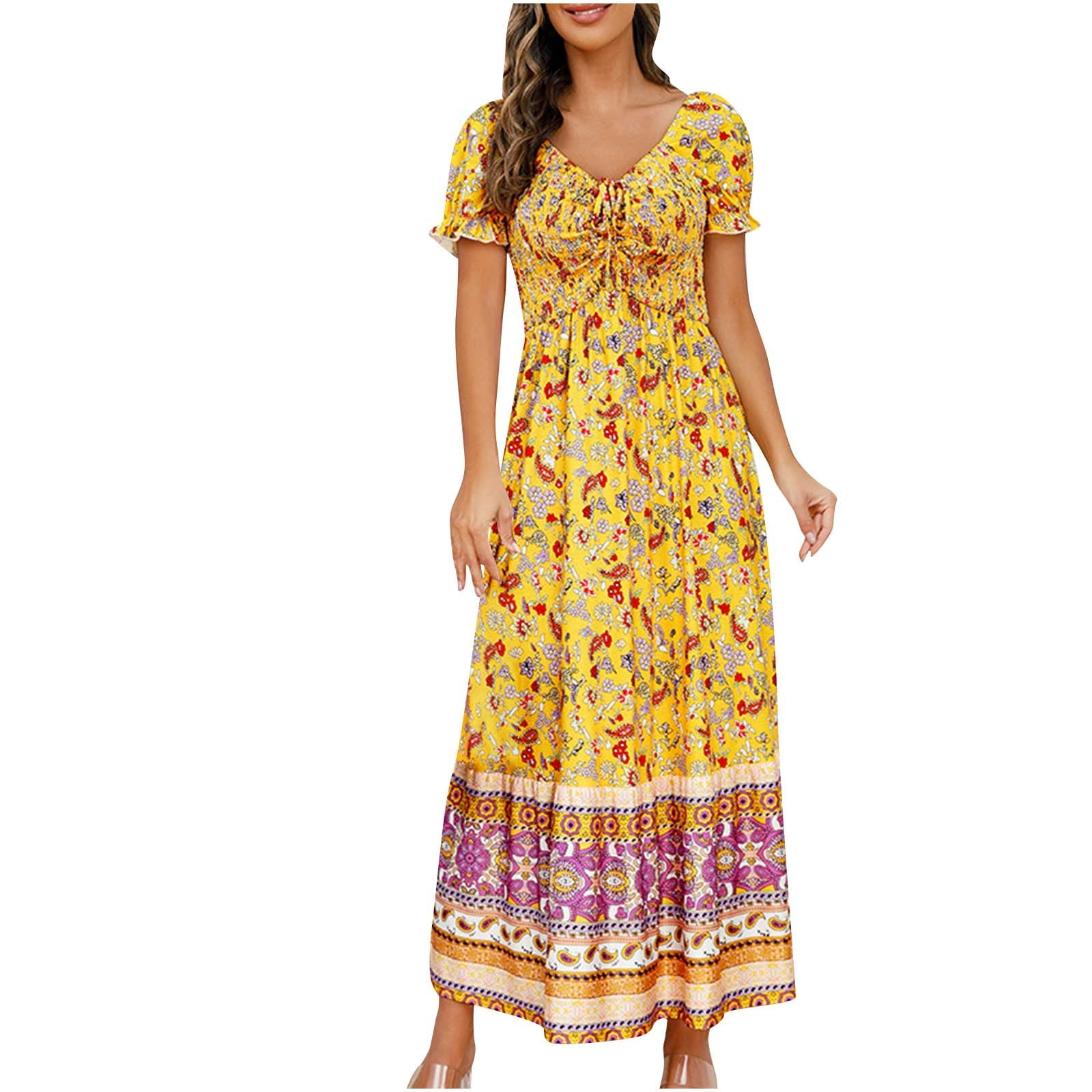 Wenini Womens Dresses V Neck Short Sleeve Maxi Vintage Floral Print Summer Dresses Casual Slim