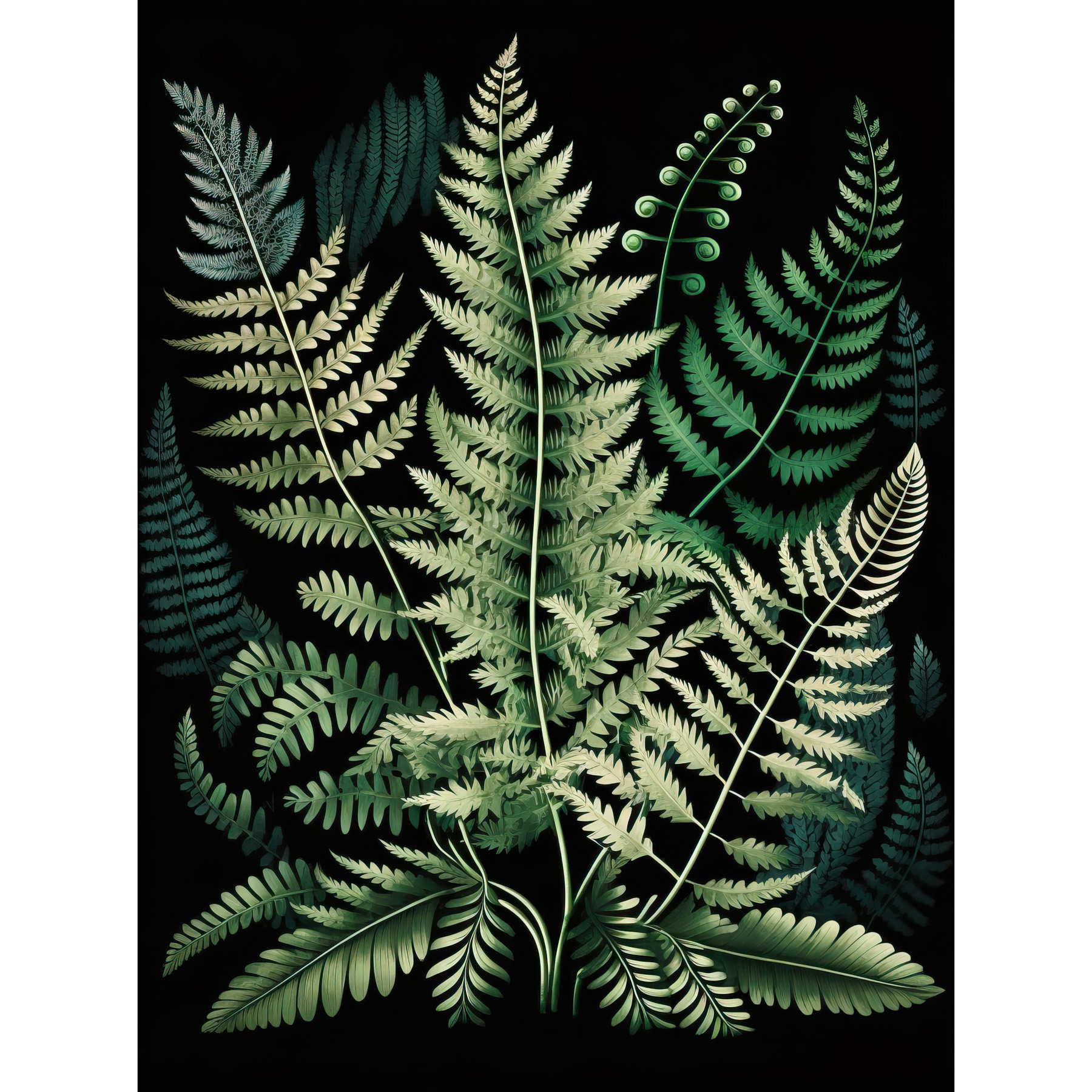 Different Fern Fronds Detailed Leaves Illustration Unframed Wall Art ...