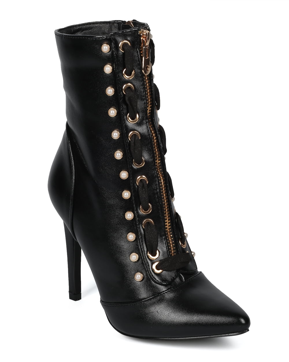 Women Pointy Toe Faux Pearl Studs Stitch Lacing Pointy Stiletto Ankle ...