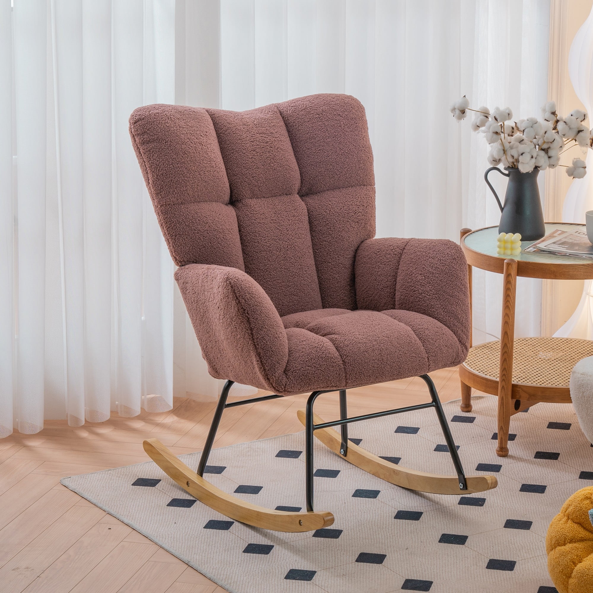 Teddy Fabric Tufted Upholstered Rocking Chair with Padded Seat, Solid ...