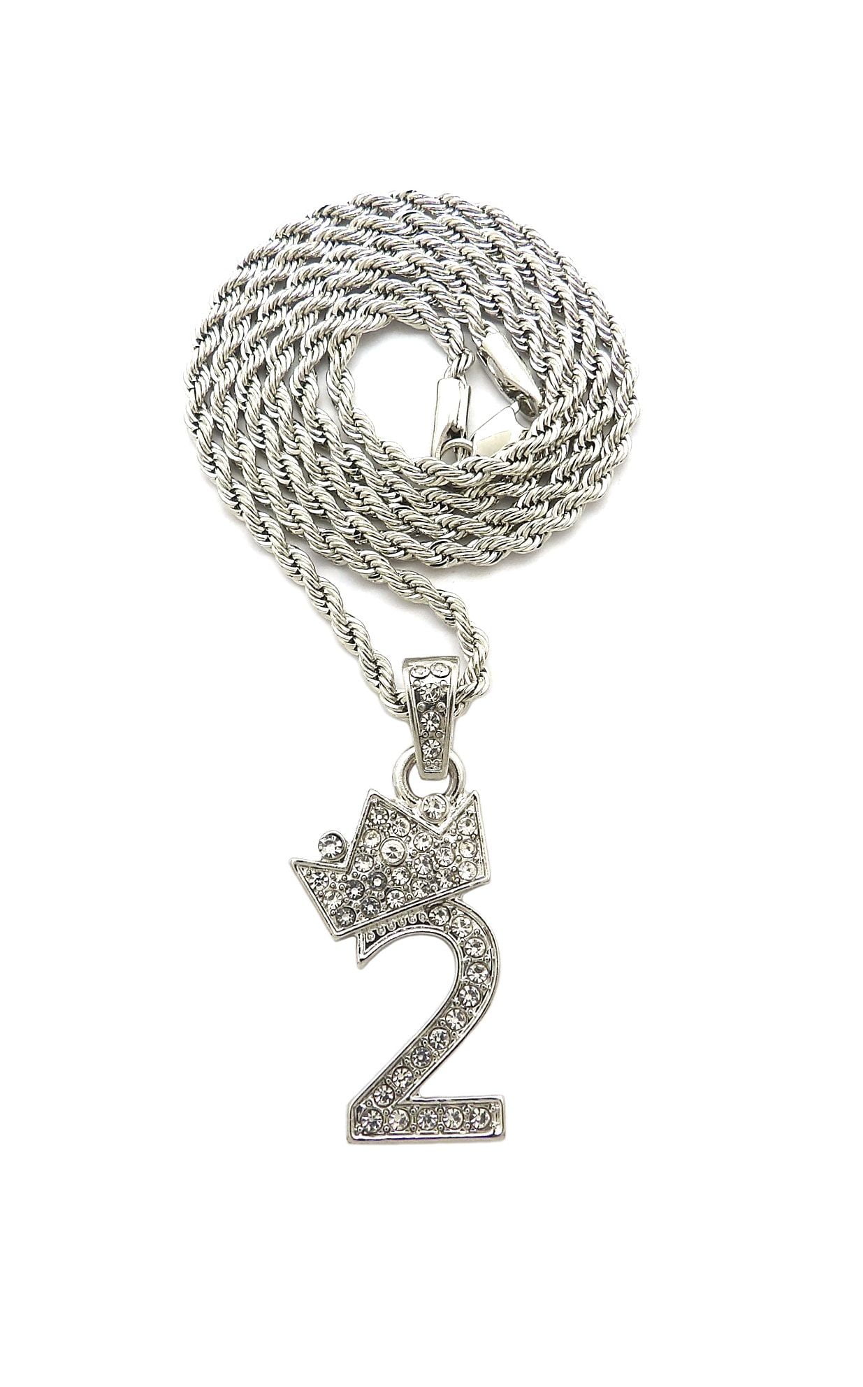 Stone Stud Tilted Crown Number Micro Pendant with 2mm Rope Chain ...