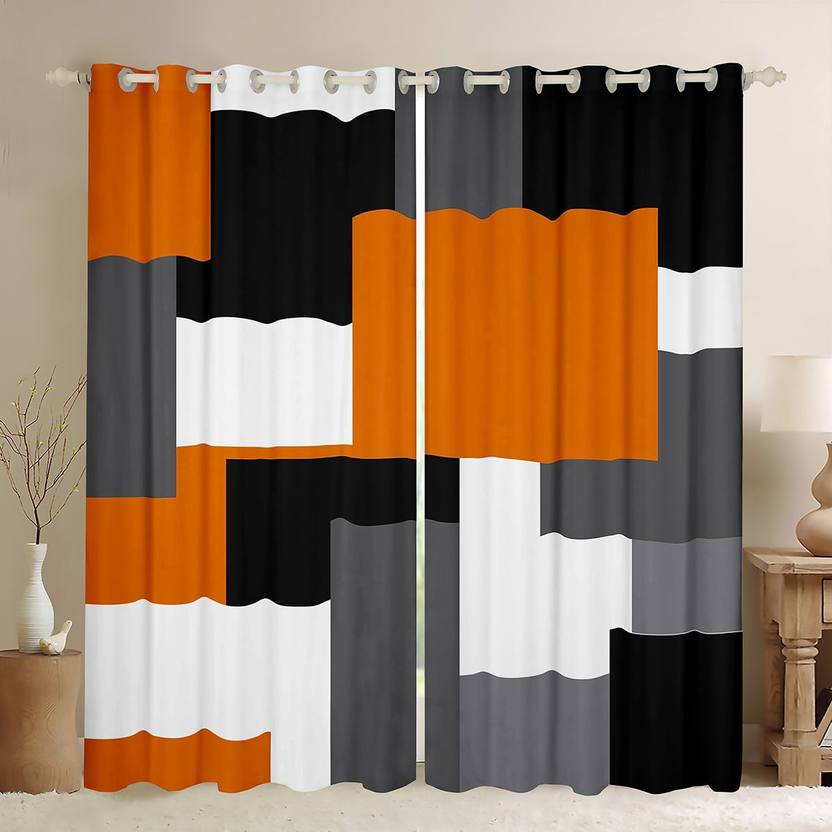Erosebridal Orange Rectangle Curtains for Living Room,Geometric Sqare ...