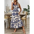 Blue Vintage Floral Print Tie-Shoulder Cut-Out Waist Maxi Dress For ...