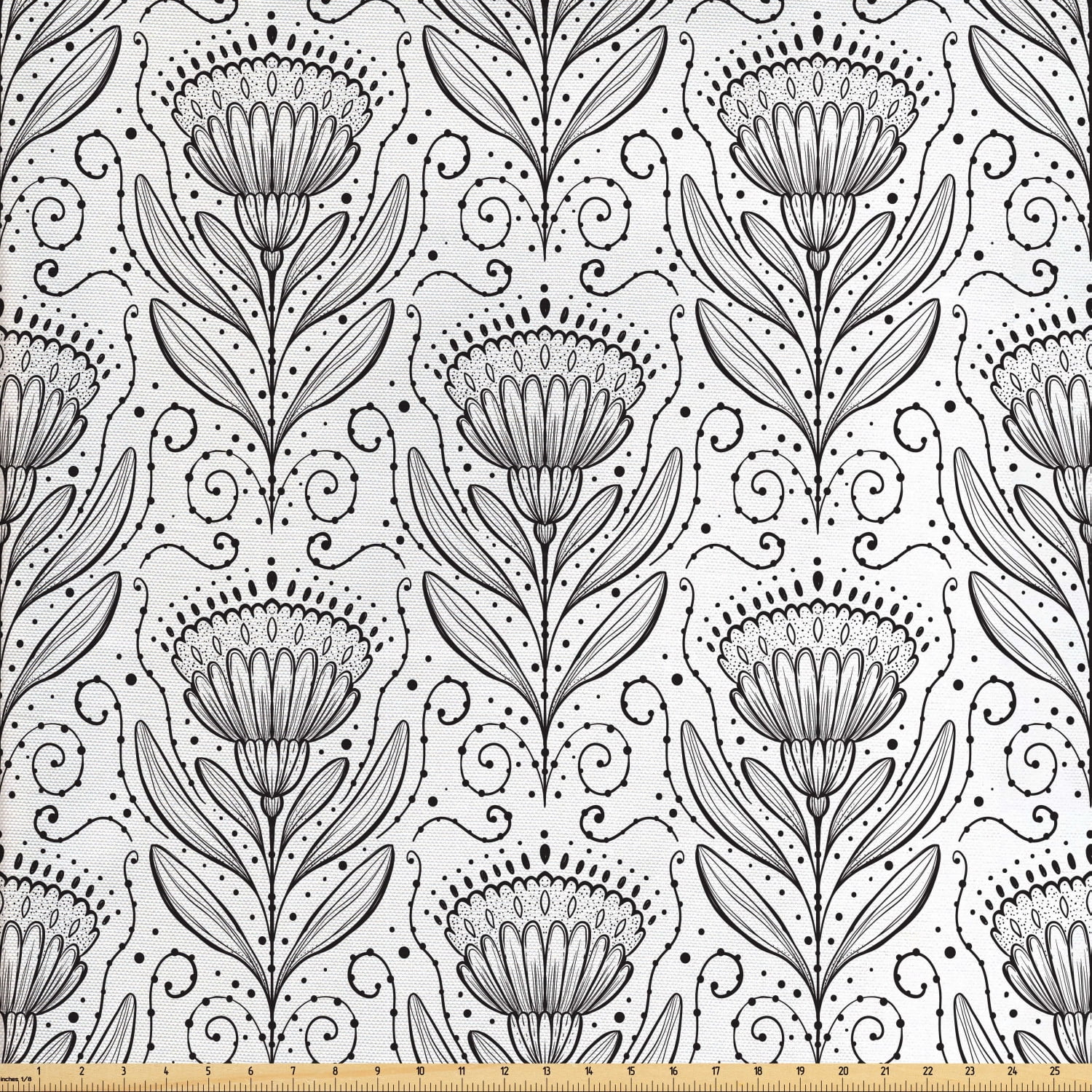 Abstract Fabric by the Yard, Floral Theme Achromatic Flowers and Leaves ...