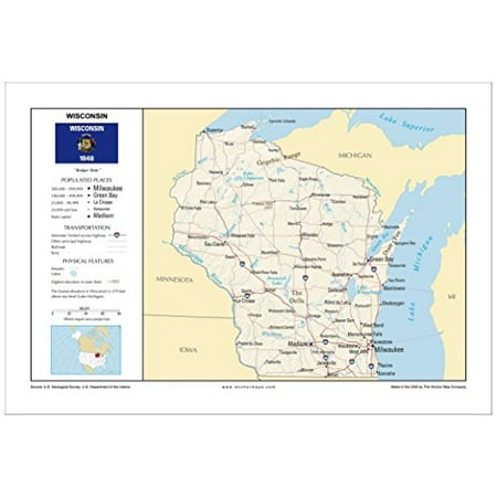 13x19 Wisconsin General Reference Wall Map - Anchor Maps USA ...