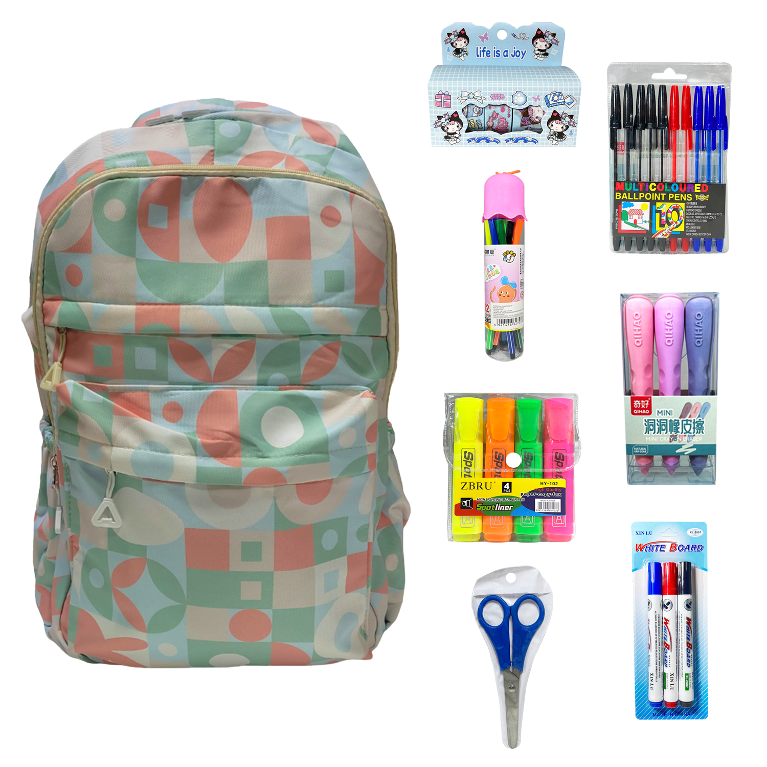 Mochila Kit Útiles Escolares,Plumas,Marcatextos,Tijeras, Más salmon ...