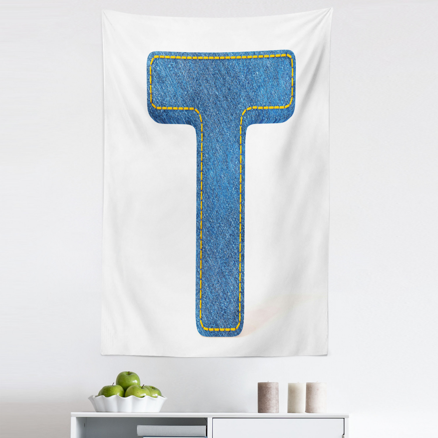 Letter T Tapestry, Alphabet Design with Denim Texture Element Blue ...