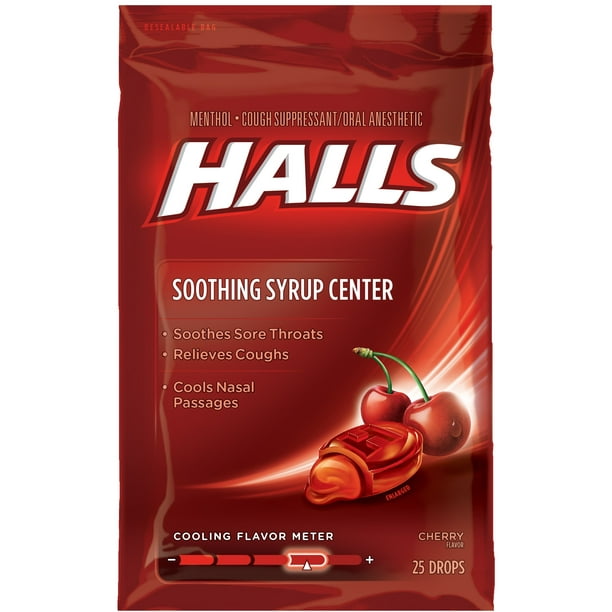 Halls Menthol Drops Cough Suppressant/Oral Anesthetic, Cherry, 25 Ct ...