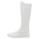 ANUFER Girls Womens Fashion Knee High Lace-Up Canvas Boots Pure White ...