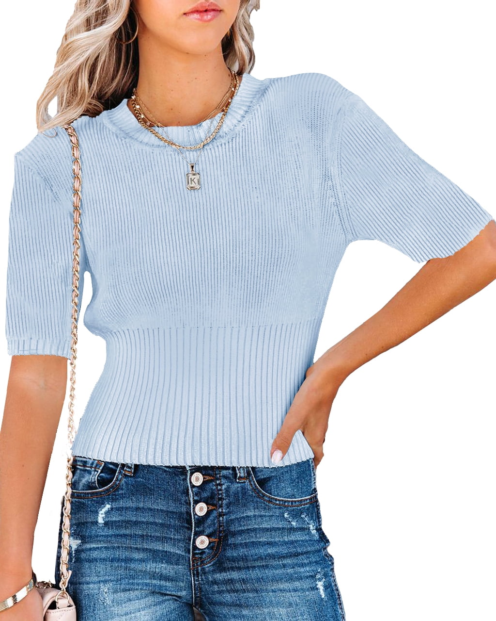 MURMUREY Womens Short Sleeve Sweaters Tops Crewneck Ribbed Pullover ...