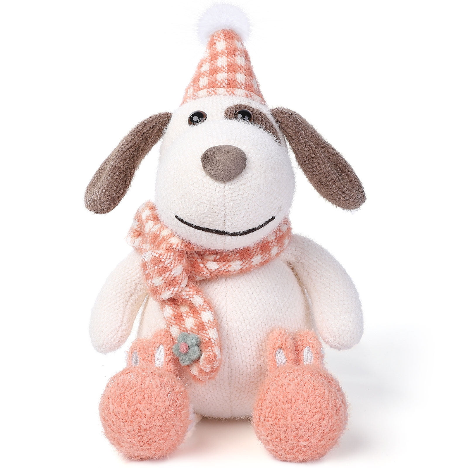 Simzone Dog Stuffed Animals 12", Cute Stuffed Dog with Pink Hat and Scarf, Knitted and Crochet ...