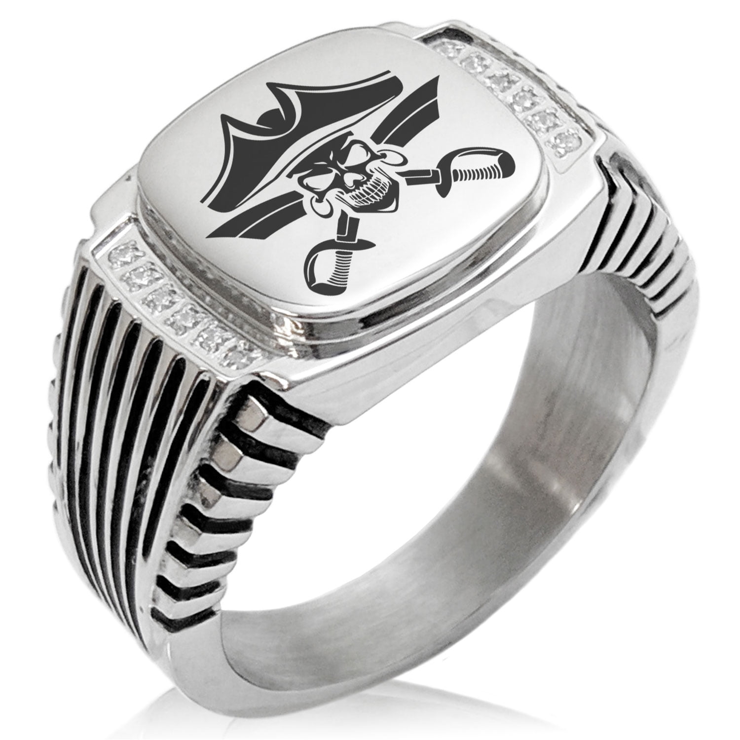 Stainless Steel Jolly Roger Skull Pirates Cross Swords CZ Ribbed Needle ...