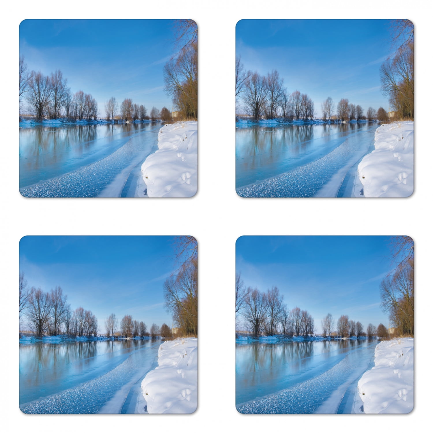 Winter Coaster Set of 4, Snow Covered Frozen Winter with Clear Open Sky ...