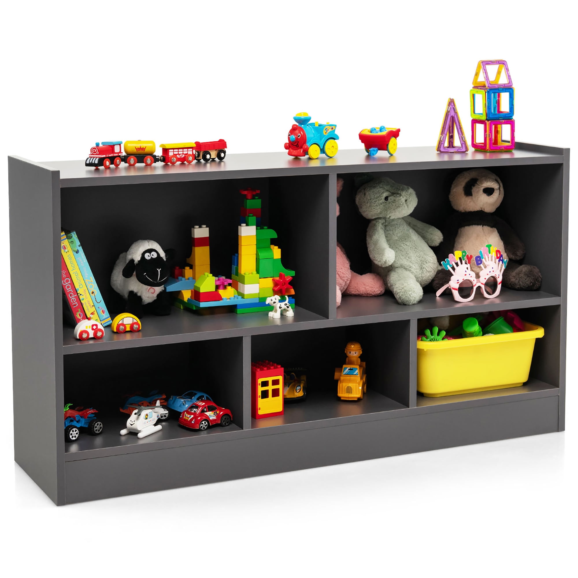 Costway Kids 2-Shelf Bookcase 5-Cube Wood Toy Storage Cabinet Organizer ...