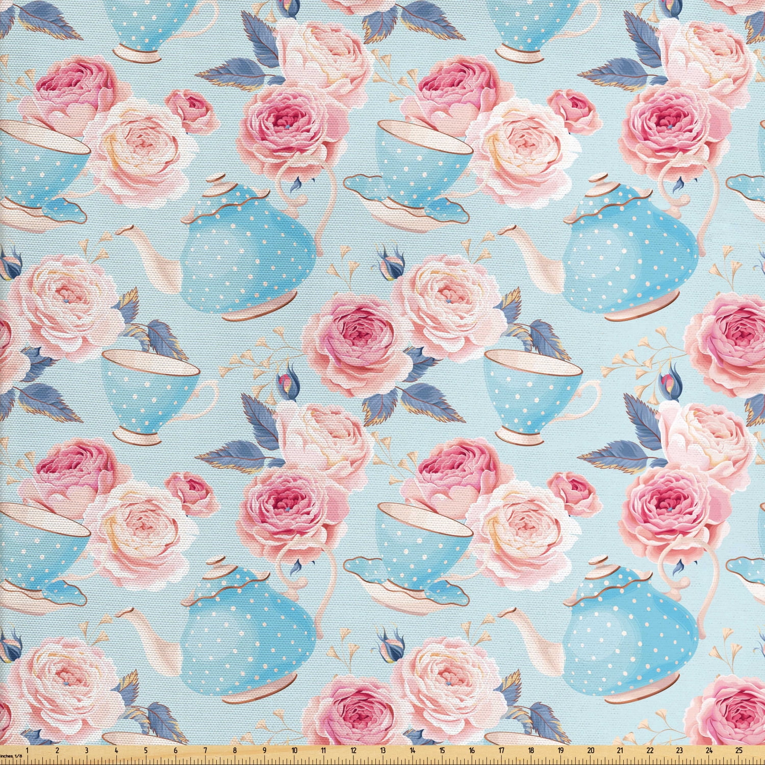 Vintage Upholstery Fabric by the Yard, Flowers Roses Vintage Teapot ...