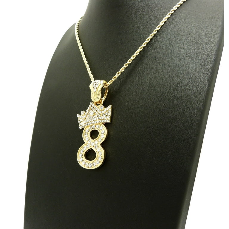 Stone Stud Tilded Crown Number Pendant with 2mm 24 Rope Chain Necklace 8 Gold Tone