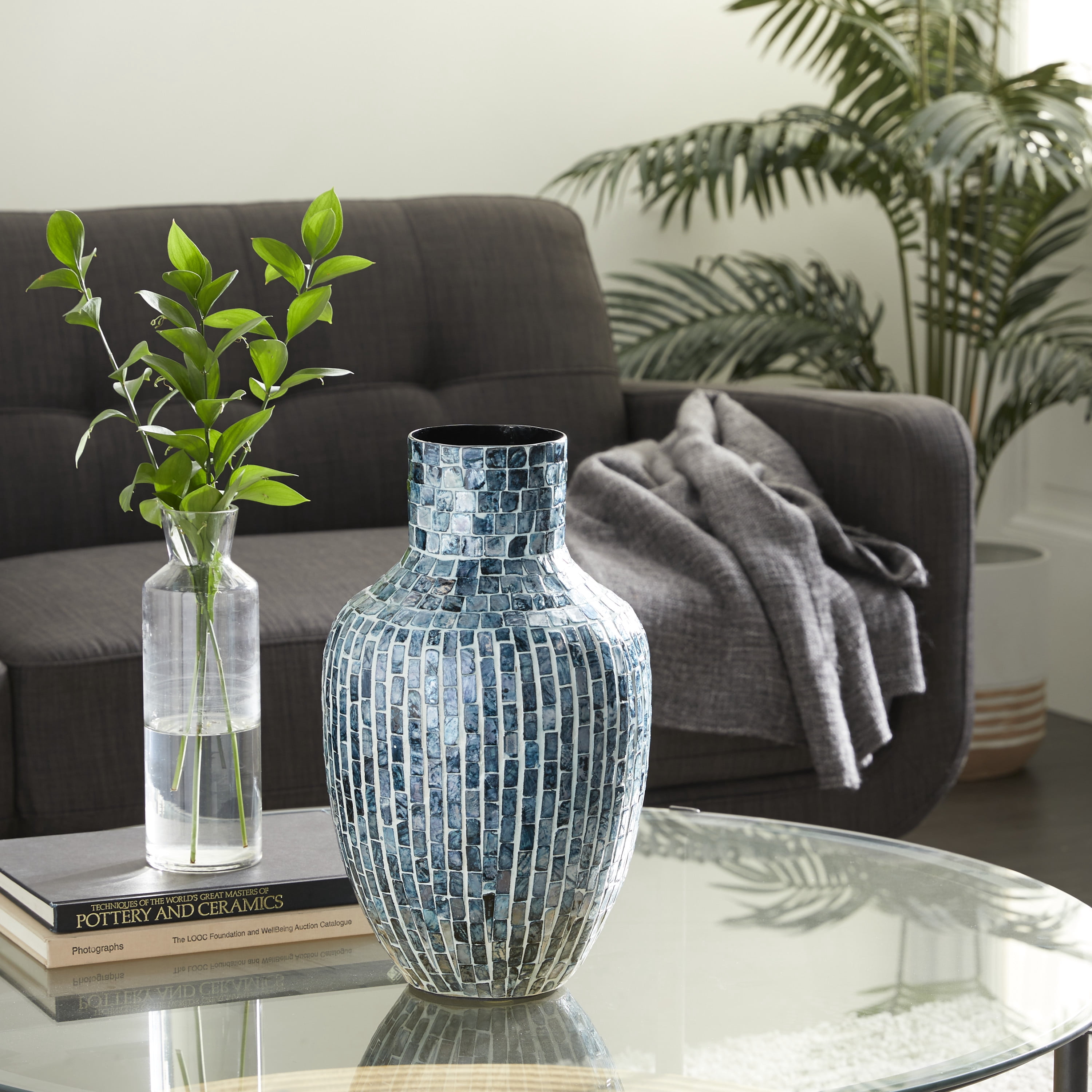 DecMode 16" Handmade Blue Mother of Pearl Vase - Walmart.com