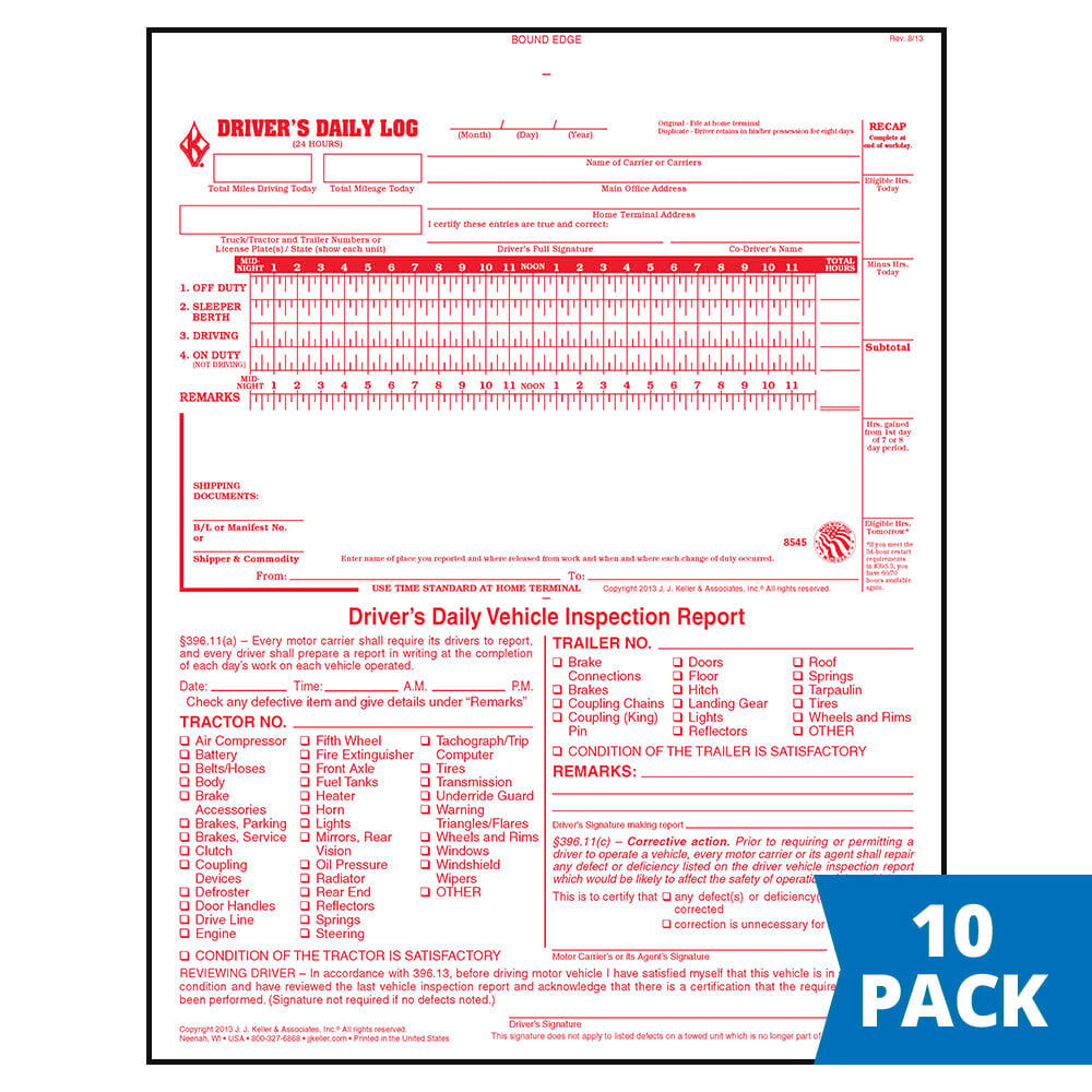 J. J. Keller & Associates, Inc 2-In-1 Driver Daily Log Book, 10-pk ...