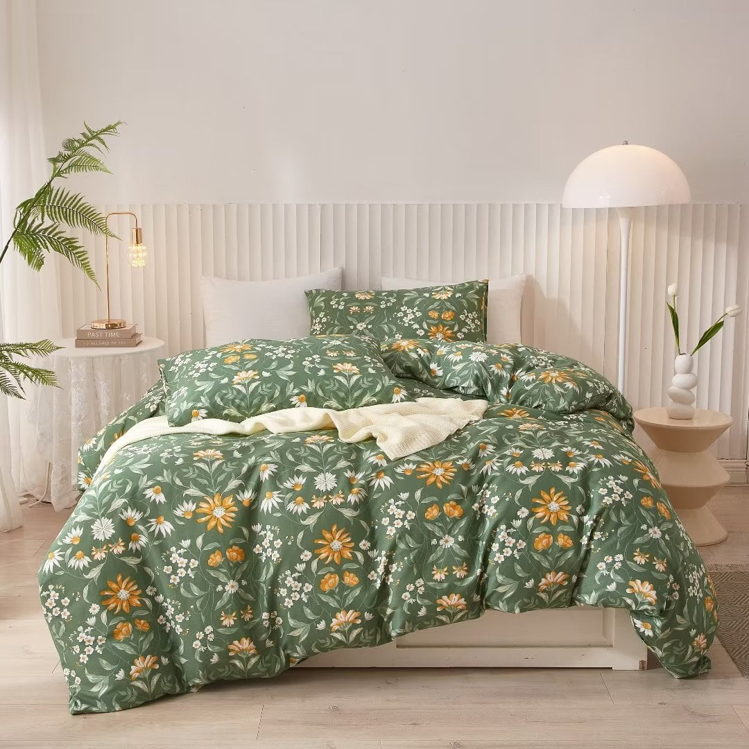 Mucalis Green Floral Duvet Cover Set Queen 100% Cotton Duvet Cover 3pcs ...