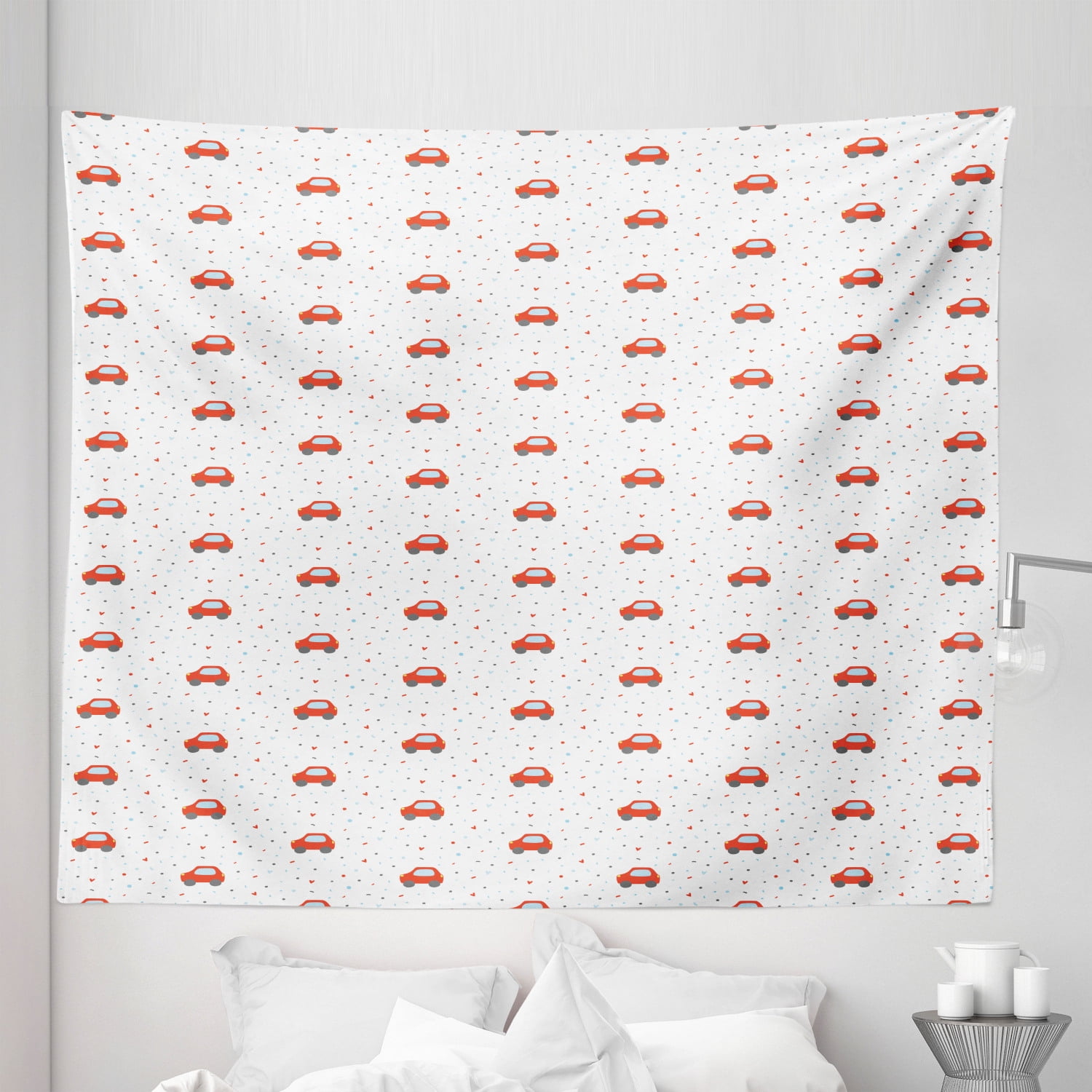 Cartoon Tapestry, Continuous Themed Pattern with Rounds Hearts and Cars, Fabric Wall Hanging ...