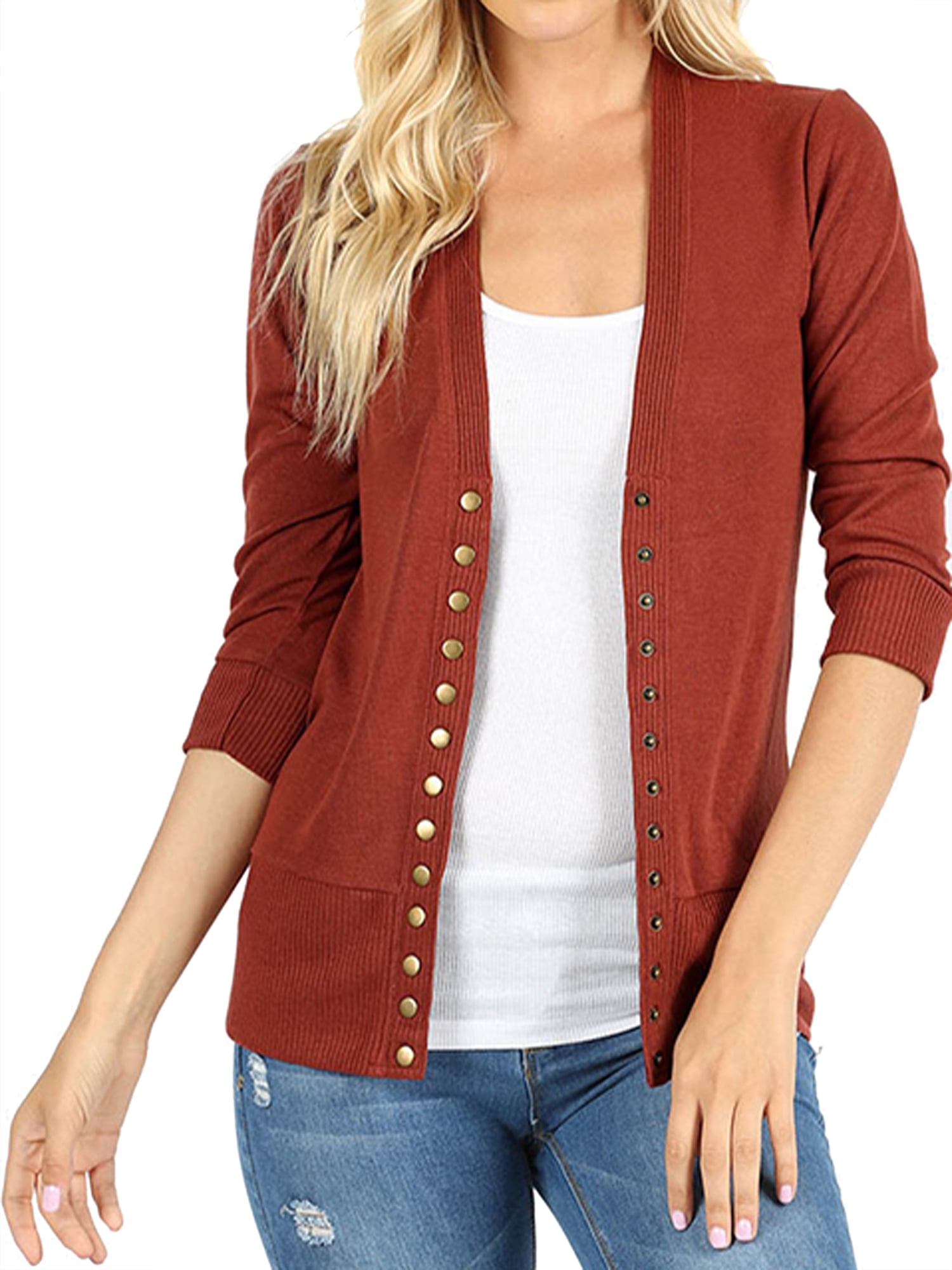 Women Classic Thin Snap Button Front V-Neck Button Down 3/4 Sleeve ...