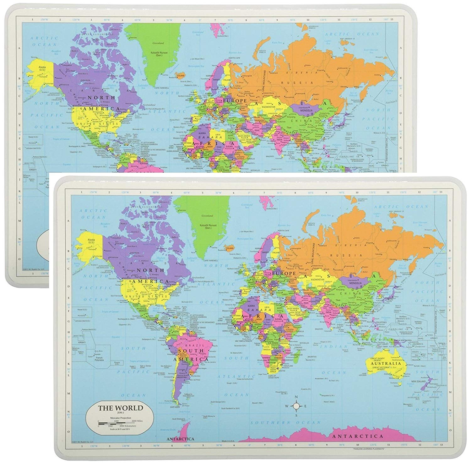 Painless Learning Educational Placemats World Map 2 Pack Set Non Slip ...
