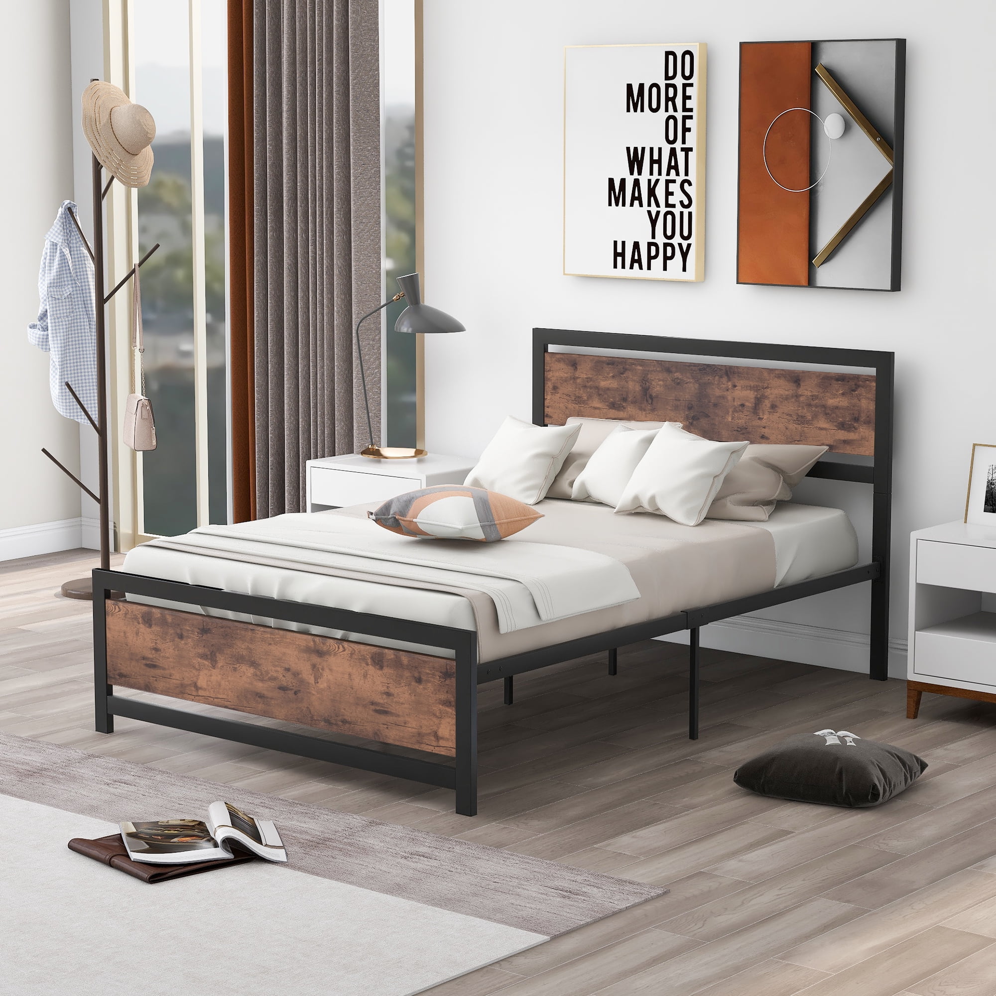 Black Full Size Metal and Wood Bed Frame Platform Bed with Headboard ...