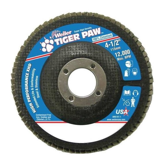 Weiler TIGER X Flap Disc, 4 1/2 in Angled, 80 Grit, 5/8 in - 11 Arbor ...