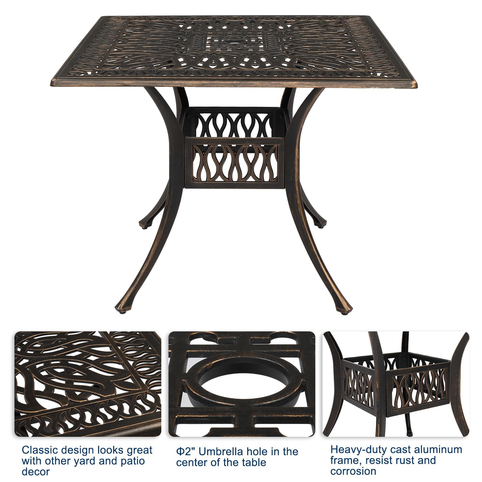 SalonMore 35.4" Outdoor Patio Bistro Square Table with 2" Umbrella Hole ...