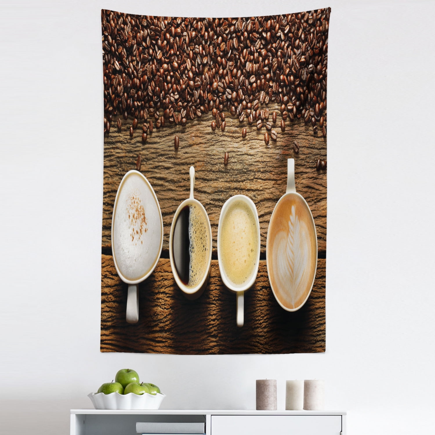 Coffee Tapestry, Assortment of Coffee Cups with Beans on Wooden Table ...