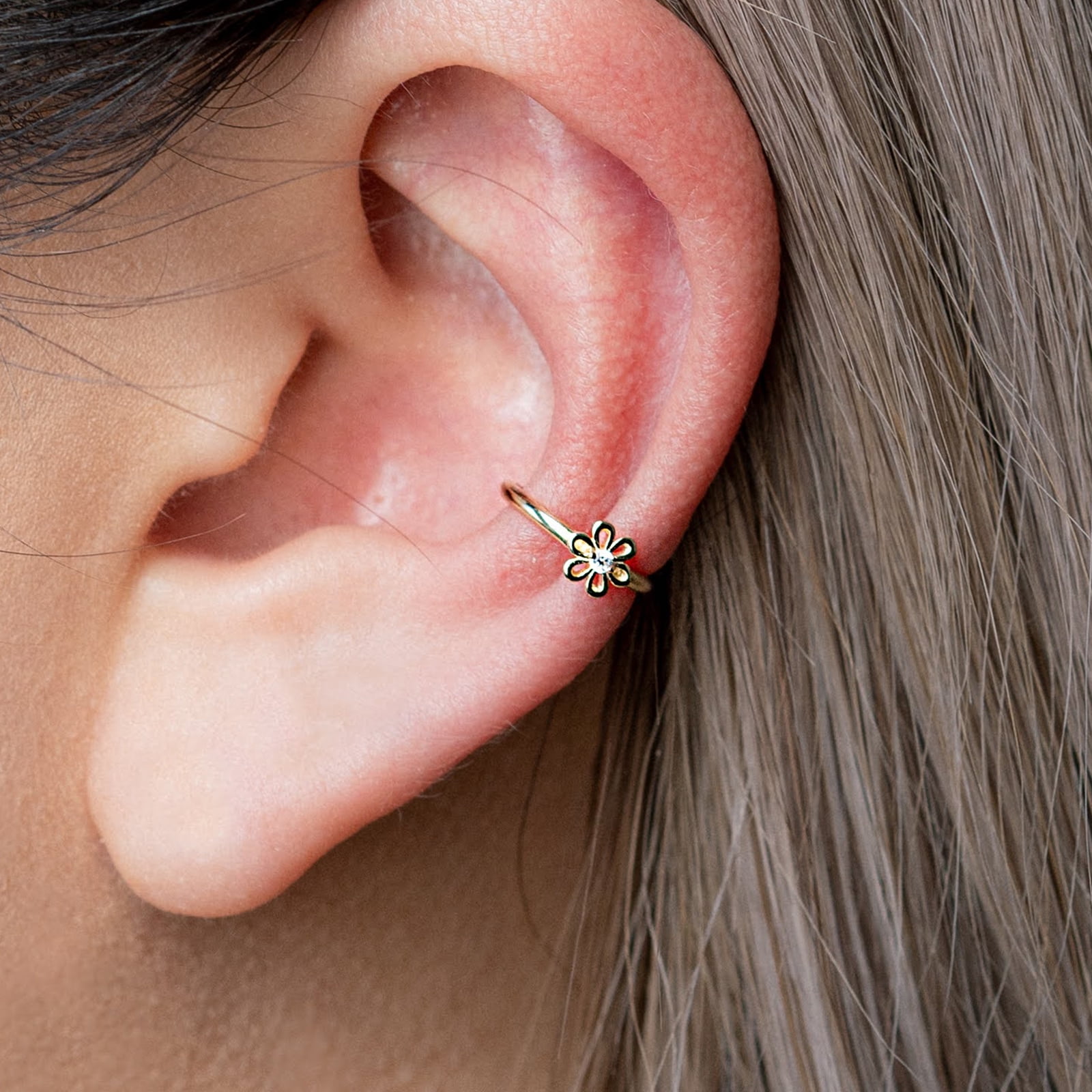 Anygolds 14K Real Solid Gold Single Cubic Zirconia Daisy Flower Ear ...