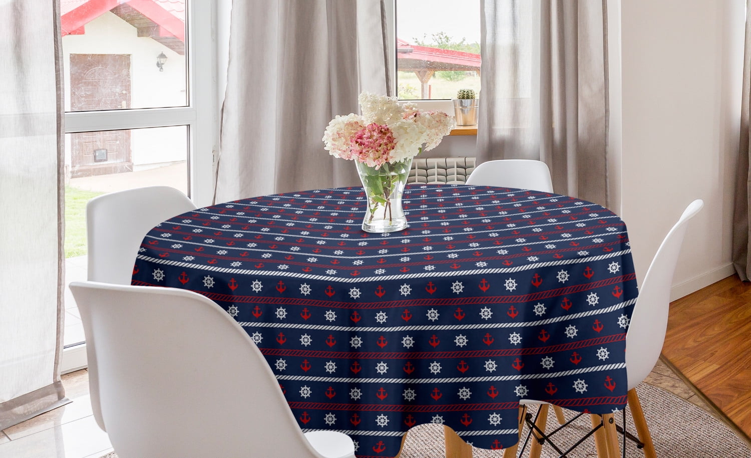 Navy Blue Round Tablecloth, Horizontal Borders with Nautical Elements ...