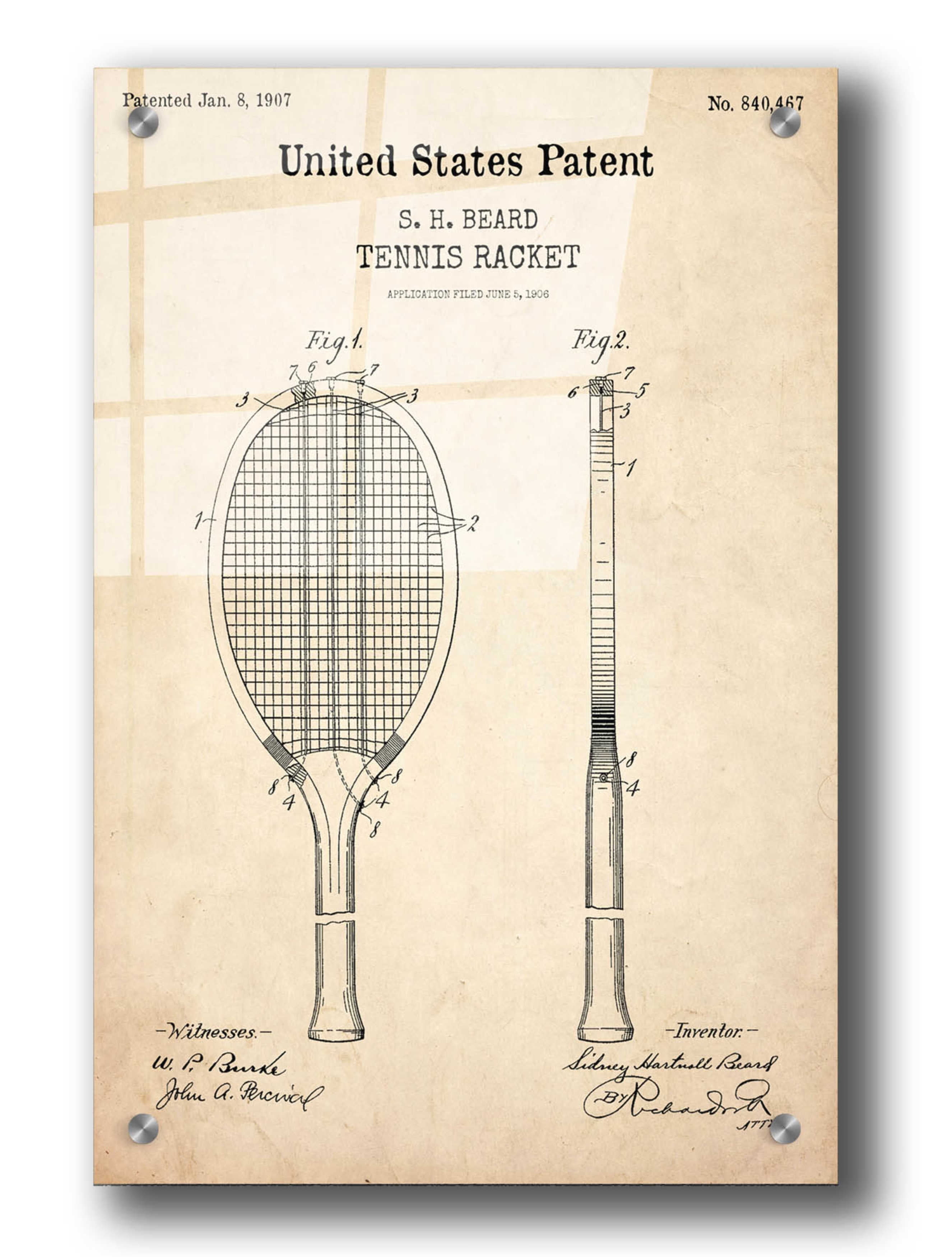 Epic Art 'Tennis Racket Blueprint Patent Parchment,' Acrylic Glass Wall ...