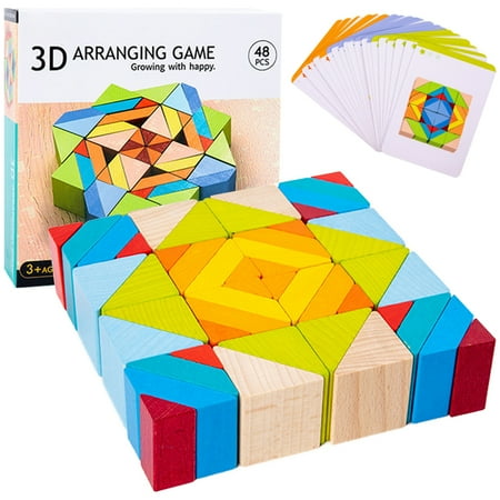 3D Kids Arranging Game Block Kit with Wooden Blocks and Double Sided Template Cards DIY Wooden ...
