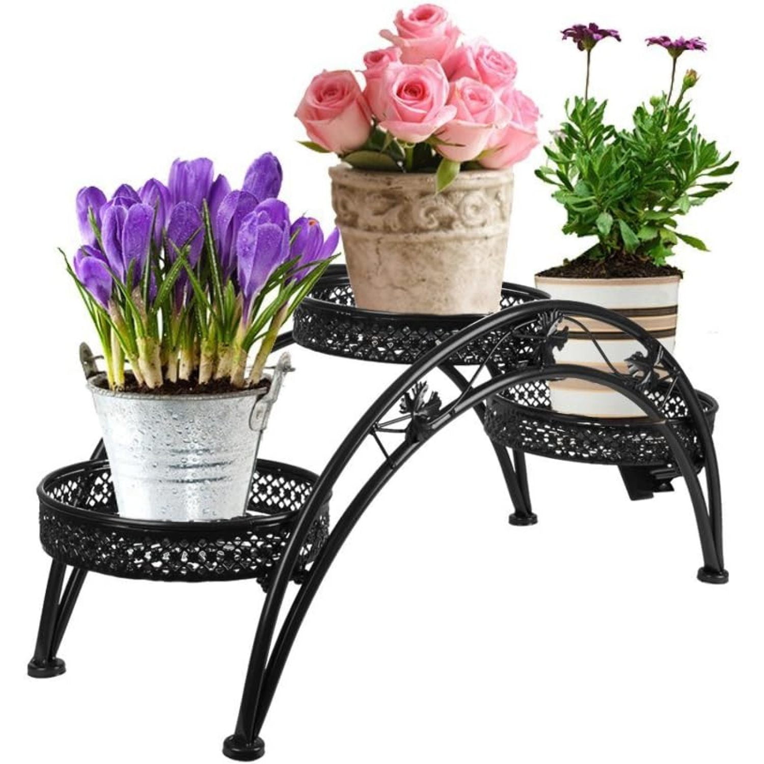 Dazone Wrought Iron Pot Plant Stand for Three Plants Indoor or Outdoor ...